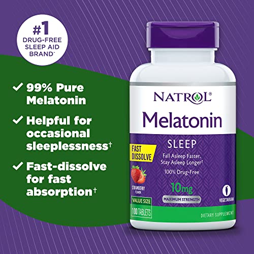 Natrol Melatonin Fast Dissolve Tablets, Helps You Fall Asleep Faster, Stay Asleep Longer, Easy to Take, Dissolve in Mouth, Strengthen Immune System, Maximum Strength, Strawberry Flavor, 10mg, 100Count