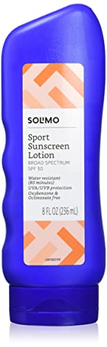 Amazon Brand - Solimo Sport Sunscreen Lotion, SPF 30, Reef Friendly (Octinoxate & Oxybenzone Free), Broad Spectrum UVA/UVB Protection, 8 Fluid Ounce