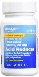 amazon basic care maximum strength famotidine tablets 20 mg, acid reducer for heartburn relief, 200 count ( pack of 1)