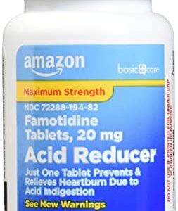 Amazon Basic Care Maximum Strength Famotidine Tablets 20 mg, Acid Reducer for Heartburn Relief, 200 Count ( pack of 1)