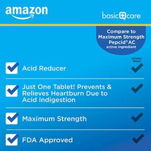 Amazon Basic Care Maximum Strength Famotidine Tablets 20 mg, Acid Reducer for Heartburn Relief, 200 Count ( pack of 1)