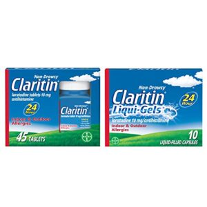 claritin 24 hour non-drowsy allergy medicine bundle pack, prescription strength allergy relief with 10mg loratadine, antihistamine, 45ct tablets and 10ct liquid gels