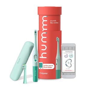 hum by colgate smart battery toothbrush kit, sonic toothbrush handle with 2 refill heads and travel case, teal, amazon exclusive