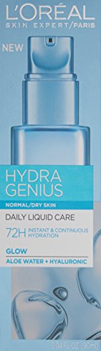 L'Oreal Paris Skincare Hydra Genius Daily Liquid Care Oil-Free Face Moisturizer for Normal to Dry Skin, Hyaluronic Acid Moisturizer for Face with Aloe Water and Hyaluronic Acid, 3.04 fl. oz.