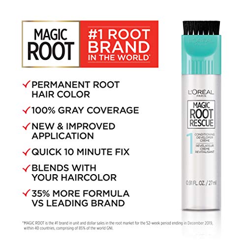 L'Oreal Paris Magic Root Rescue 10 Minute Root Hair Coloring Kit, Permanent Hair Color with Quick Precision Applicator, 100 percent Gray Coverage, 4 Dark Brown, 1 kit (Packaging May Vary)