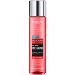 l’oreal paris revitalift 5% pure glycolic acid peeling toner with aloe vera, smooth skin & reveal glow, daily exfoliant, alcohol free, fragrance free 6 fl oz