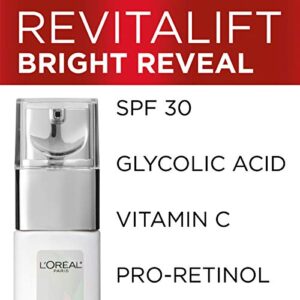 L'Oreal Paris Skincare Revitalift Bright Reveal Anti-Aging Day Cream SPF 30 Sunscreen with Glycolic Acid, Vitamin C & Pro-Retinol to Reduce Wrinkles & Brighten Skin, 1 fl. oz.