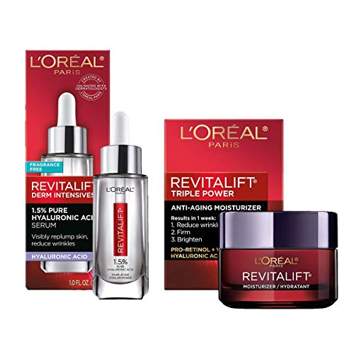 L'Oreal Paris Revitalift Triple Power Anti-Aging Face Moisturizer & Hyaluronic Acid Face Serum, Paraben & Fragrance Free Regimen Kit, 2 Count