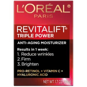 L’Oreal Paris Skincare Revitalift Triple Power Anti-Aging Face Moisturizer with Pro Retinol, Hyaluronic Acid & Vitamin C to reduce wrinkles, firm and brighten skin, 1.7 Oz