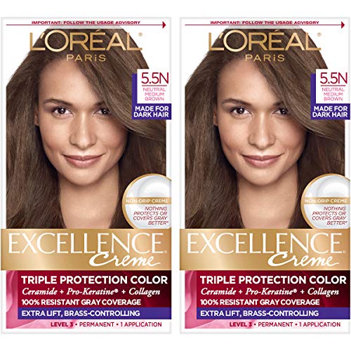 L'Oreal Paris Excellence Creme Permanent Hair Color, 5.5N Medium Neutral Brown, 100 percent Gray Coverage Hair Dye, Pack of 2