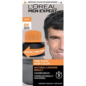 l’oreal paris men expert one twist mess free permanent hair color, mens hair dye to cover grays, easy no mix ammonia free application, medium brown 04, 1 application