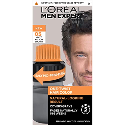 L’Oreal Paris Men Expert One Twist Mess Free Permanent Hair Color, Mens Hair Dye to Cover Grays, Easy No Mix Ammonia Free Application, Light Medium Brown 05, 1 Application Kit