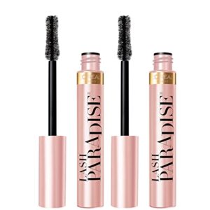 l’oreal paris voluminous makeup lash paradise mascara, voluptuous volume, intense length, feathery soft full lashes, no flaking, no smudging, no clumping, black brown, 2 count