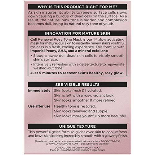 L'Oreal Paris Skincare Age Perfect Rosy Tone Face Mask With Aha and imperial peony for Rosy, Radiant Skin, 1.7 Oz