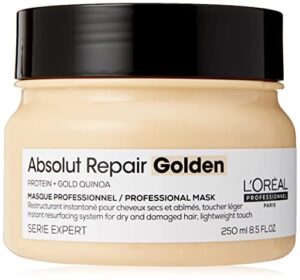 l’oreal professionnel absolut repair golden mask | repairs damage & provides shine | with quinoa & proteins | for fine to medium, dry, & damaged hair | 8.5 fl. oz.