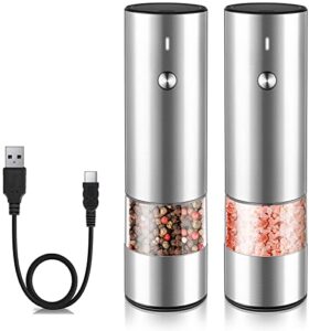 electric salt and pepper grinder set – usb rechargeable – no battery needed modern style – automatic black peppercorn & sea salt spice mill set with adjustable coarseness & led light refillable