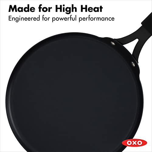 OXO Obsidian Pre-Seasoned Carbon Steel, 10" Crepe and Pancake Griddle Pan with Removable Silicone Handle Holder, Induction, Oven Safe, Black