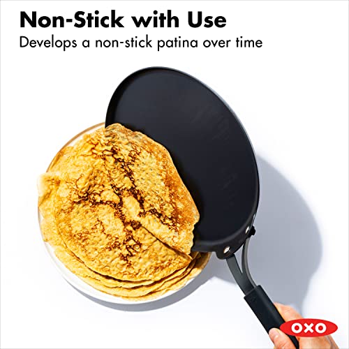 OXO Obsidian Pre-Seasoned Carbon Steel, 10" Crepe and Pancake Griddle Pan with Removable Silicone Handle Holder, Induction, Oven Safe, Black