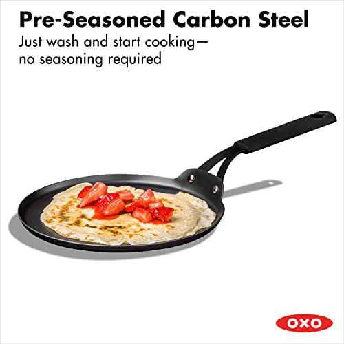 OXO Obsidian Pre-Seasoned Carbon Steel, 10" Crepe and Pancake Griddle Pan with Removable Silicone Handle Holder, Induction, Oven Safe, Black