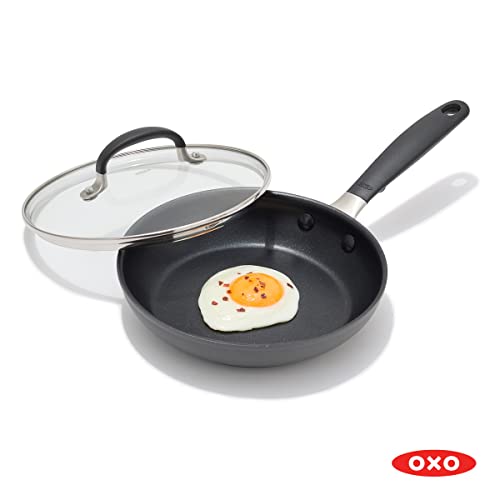 OXO Good Grips 8" Frying Pan Skillet with Lid, 3-Layered German Engineered Nonstick Coating, Stainless Steel Handle with Nonslip Silicone, Black