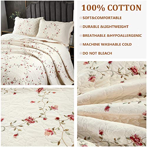 Quilt Set Classical 3D Floral Embroidery Pattern 3-Piece Cotton Reversible Quilted Embroidered Decorative Bedspreads Coverlet Bedding Set, Lightweight &Soft,Beige,King Size