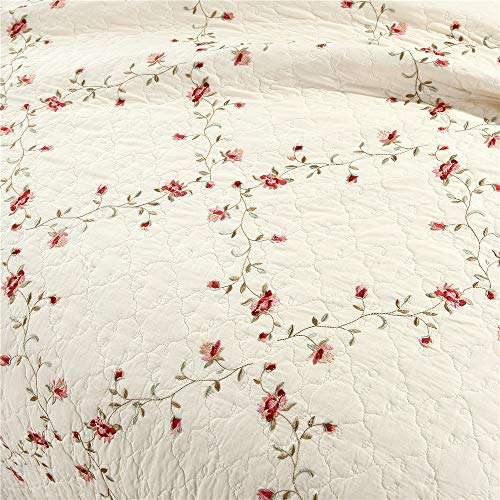 Quilt Set Classical 3D Floral Embroidery Pattern 3-Piece Cotton Reversible Quilted Embroidered Decorative Bedspreads Coverlet Bedding Set, Lightweight &Soft,Beige,King Size