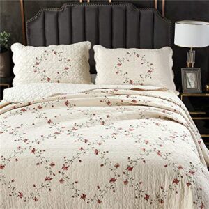 Quilt Set Classical 3D Floral Embroidery Pattern 3-Piece Cotton Reversible Quilted Embroidered Decorative Bedspreads Coverlet Bedding Set, Lightweight &Soft,Beige,King Size