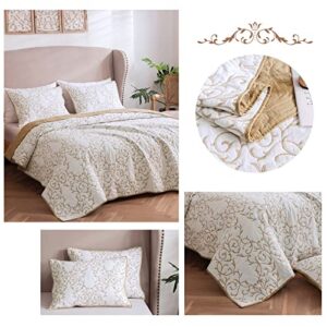 mixinni Quilt King Size Reversible 3-Piece Beige Embroidery Pattern Elegant Quilt Set with Embroidered Decorative Shams Soft Bedspread&Coverlet Set-King