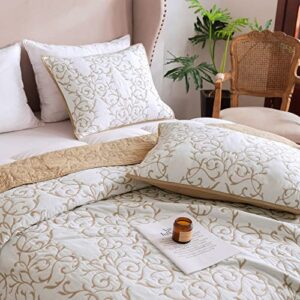 mixinni Quilt King Size Reversible 3-Piece Beige Embroidery Pattern Elegant Quilt Set with Embroidered Decorative Shams Soft Bedspread&Coverlet Set-King