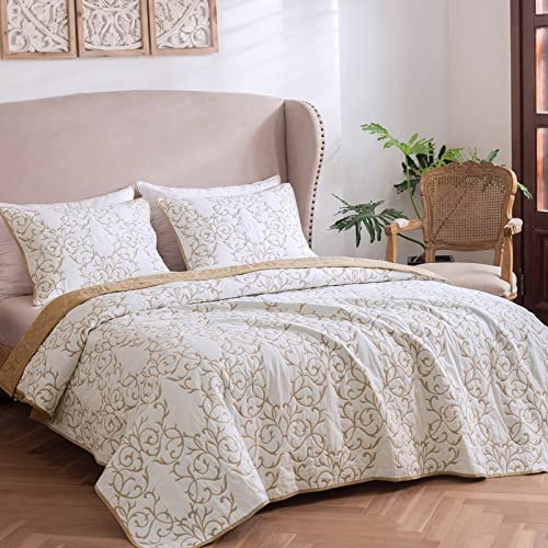 mixinni Quilt King Size Reversible 3-Piece Beige Embroidery Pattern Elegant Quilt Set with Embroidered Decorative Shams Soft Bedspread&Coverlet Set-King