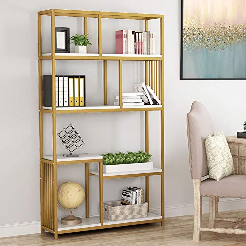 Tribesigns 7-Open Shelf Bookcases, Etagere Bookcase with Gold Sturdy Metal Frame, Modern Bookshelf Elegant Storage Display Shelves for Home Furniture