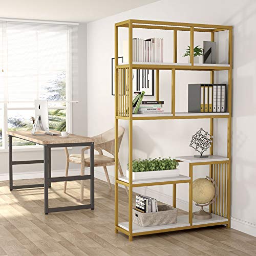 Tribesigns 7-Open Shelf Bookcases, Etagere Bookcase with Gold Sturdy Metal Frame, Modern Bookshelf Elegant Storage Display Shelves for Home Furniture