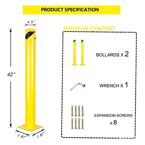 BOOROH Steel Bollards 2 Pack, Safety Bollard 42" x 4.5", Bollard Post with Reflective Tape for Traffic Control, Driveway Barrier, Parking Pole