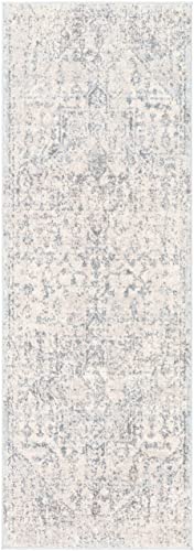 Orrick Moroccan Farmhouse Laundry Room, Hallway, Entryway, Bedroom, Kitchen Floor Runner Rug - Long Rug Carpet - Modern Bohemian Motif - Grey, Light Blue, White, Ivory, Beige, Navy Blue 2'7" x 10"