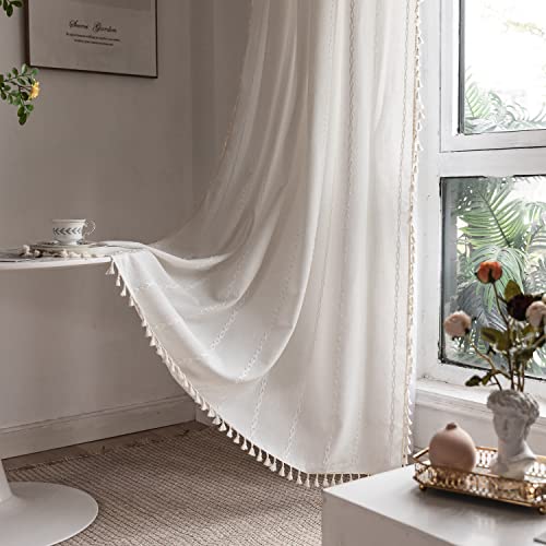 BCLBUSTE Boho Curtains Semi-Blackout Window Curtains 84 Inch 2 Pannels for Living Room, Linen Tassels Farmhouse Curtains with Embroidery for Bedroom Rod Pocket Draperies 52" W x 84"