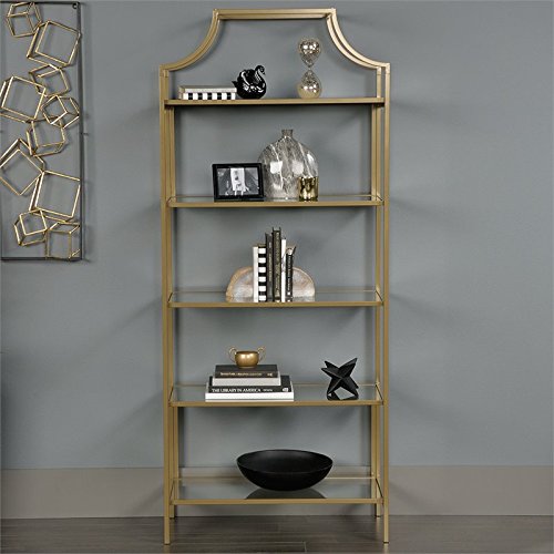 Pemberly Row Modern 5 Shelf Metal Bookcase in Satin Gold Finish