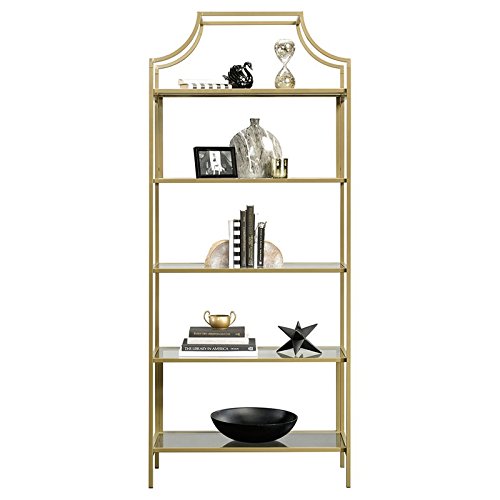 Pemberly Row Modern 5 Shelf Metal Bookcase in Satin Gold Finish