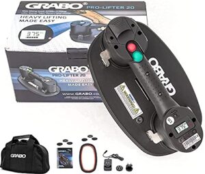 grabo pro-lifter-20 electric vacuum suction cup (2021) for tiles, stone, wood, glass, concrete pavers, drywall. lifts up to 375lbs with auto shut-off switch. incl: 1 battery,1 seal, charger, carry bag