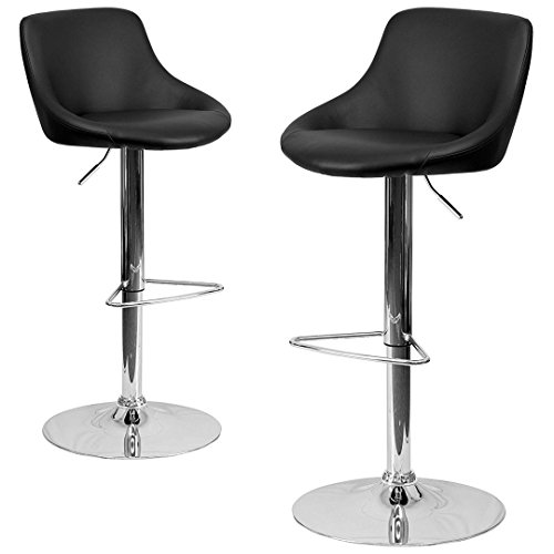 Modern Design Bar Stool Bucket Seat Design Hydraulic Adjustable Height 360-Degree Swivel Seat Sturdy Steel Frame Chrome Base Dining Chair Bar Pub Stool Home Office Furniture - Set of 2 Black #1985