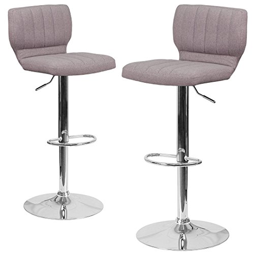 KLS Modern Barstools Adjustable Hydraulic 360 Degree Swivel Stable Steel Frame Fabric Padded Cushion Low Back Seat Design Dining Chair Pub Stool - Set of 2 Grey # 1969