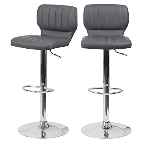 KLS Modern Barstools Adjustable Hydraulic 360 Degree Swivel Stable Steel Frame Padded Vinyl Cushion Low Back Seat Design Dining Chair Pub Stool - Set of 2 Grey # 1969