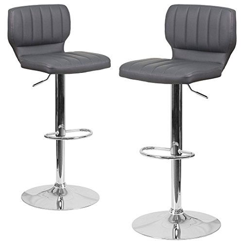 KLS Modern Barstools Adjustable Hydraulic 360 Degree Swivel Stable Steel Frame Padded Vinyl Cushion Low Back Seat Design Dining Chair Pub Stool - Set of 2 Grey # 1969