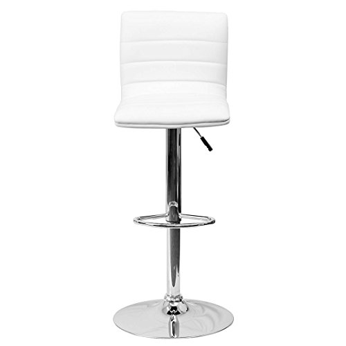 KLS14 Modern Barstools Horizontal Line Design Hydraulic Adjustable Height 360-Degree Swivel Seat Sturdy Steel Frame Chrome Base Dining Chair Bar Pub Stool Home Office Furniture - Set of 2 White #1980