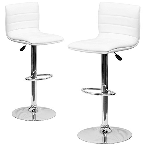 KLS14 Modern Barstools Horizontal Line Design Hydraulic Adjustable Height 360-Degree Swivel Seat Sturdy Steel Frame Chrome Base Dining Chair Bar Pub Stool Home Office Furniture - Set of 2 White #1980