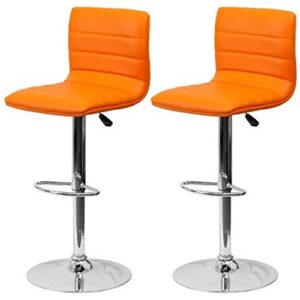 modern barstools horizontal line design hydraulic adjustable height 360-degree swivel seat sturdy steel frame chrome base dining chair bar pub stool home office furniture – set of 2 orange #1980