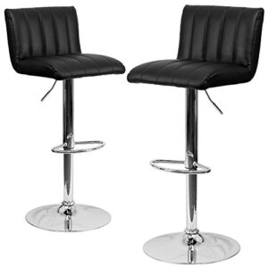 Contemporary Bar Stool Vertical Line Design Hydraulic Adjustable Height 360-Degree Swivel Seat Sturdy Steel Frame Chrome Base Dining Chair Bar Pub Stool Home Office Furniture - Set of 2 Black #1983