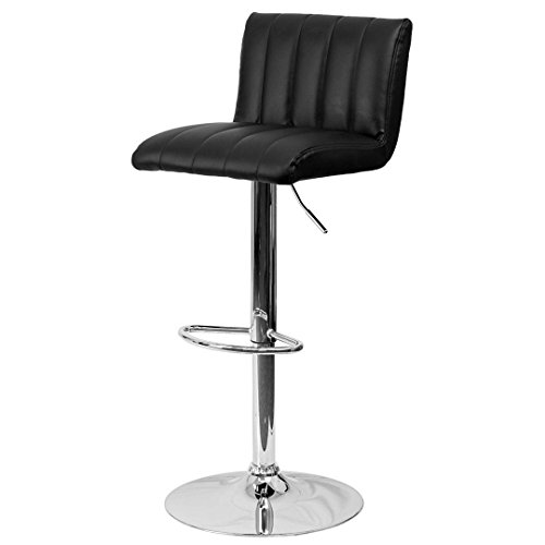 Contemporary Bar Stool Vertical Line Design Hydraulic Adjustable Height 360-Degree Swivel Seat Sturdy Steel Frame Chrome Base Dining Chair Bar Pub Stool Home Office Furniture - Set of 2 Black #1983