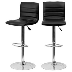 kls14 modern barstools horizontal line design hydraulic adjustable height 360-degree swivel seat sturdy steel frame chrome base dining chair bar pub stool home office furniture – set of 2 black #1980