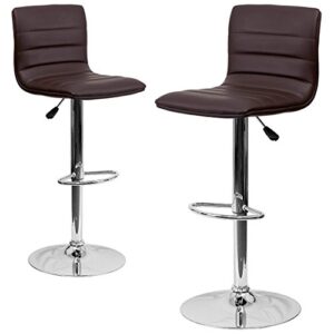 KLS14 Modern Barstools Horizontal Line Design Hydraulic Adjustable Height 360-Degree Swivel Seat Sturdy Steel Frame Chrome Base Dining Chair Bar Pub Stool Home Office Furniture - Set of 2 Brown #1980