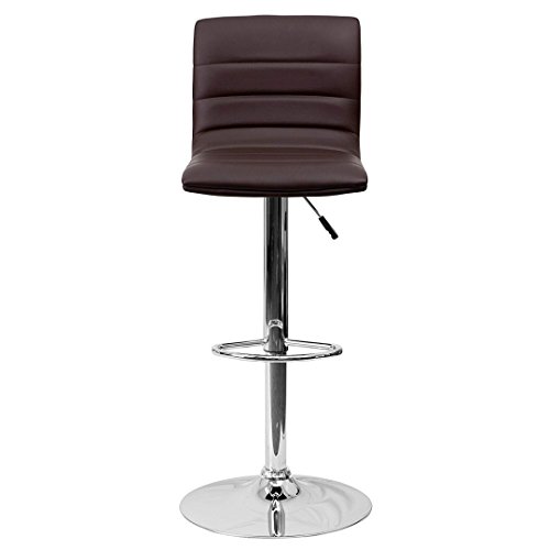 KLS14 Modern Barstools Horizontal Line Design Hydraulic Adjustable Height 360-Degree Swivel Seat Sturdy Steel Frame Chrome Base Dining Chair Bar Pub Stool Home Office Furniture - Set of 2 Brown #1980